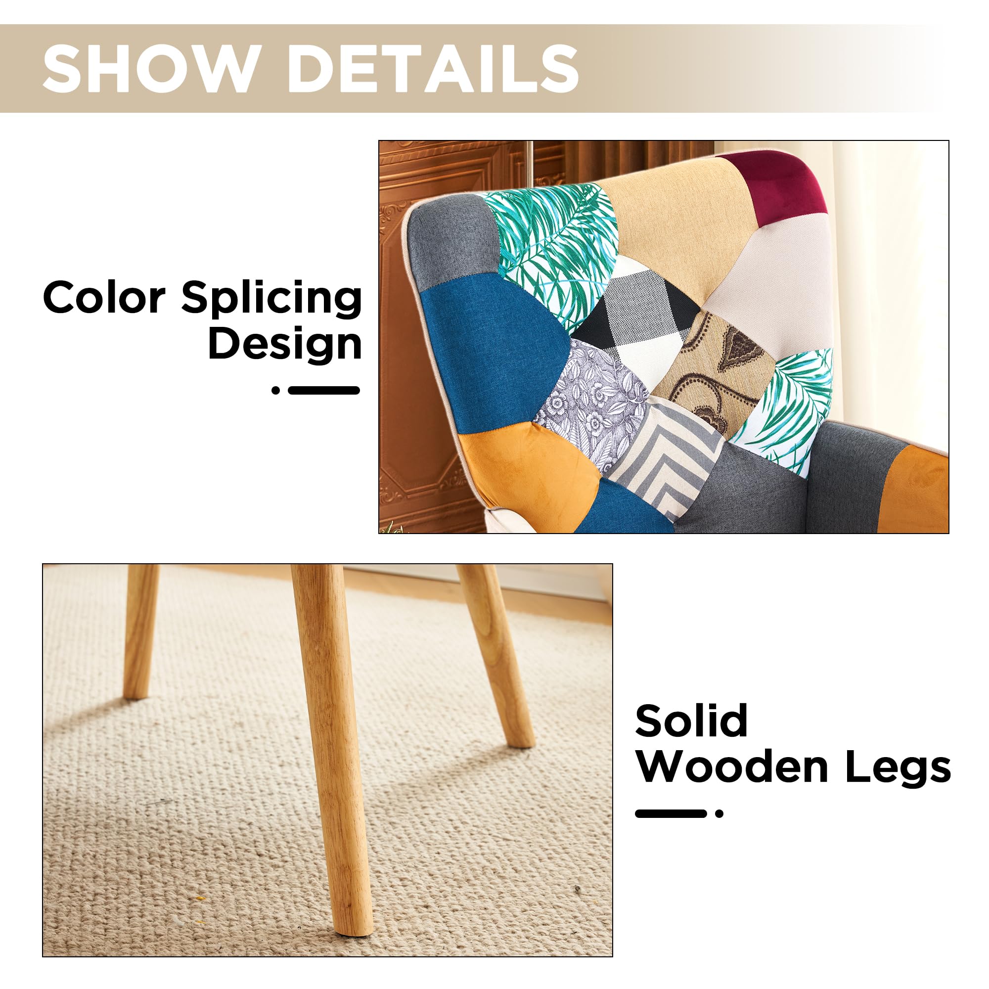 Fahomiss Accent Chair, Living Room Chair, Modern High Back Armchair, Colorful Patchwork Reading Chairs for Bedroom, Lounge Chair with Linen Fabric Shell and Solid Wood Feets (1, Colorful)