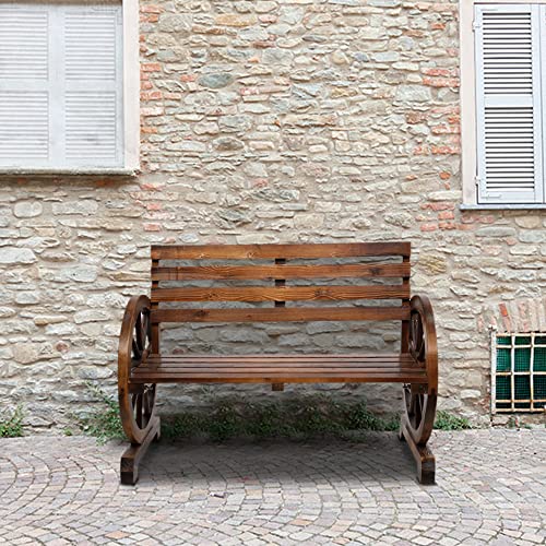 Volowoo Wooden Wagon Wheel Bench,Rustic 2-Person Wooden Seat Wagon Wheel Bench with Slatted Seat and Backrest, Brown