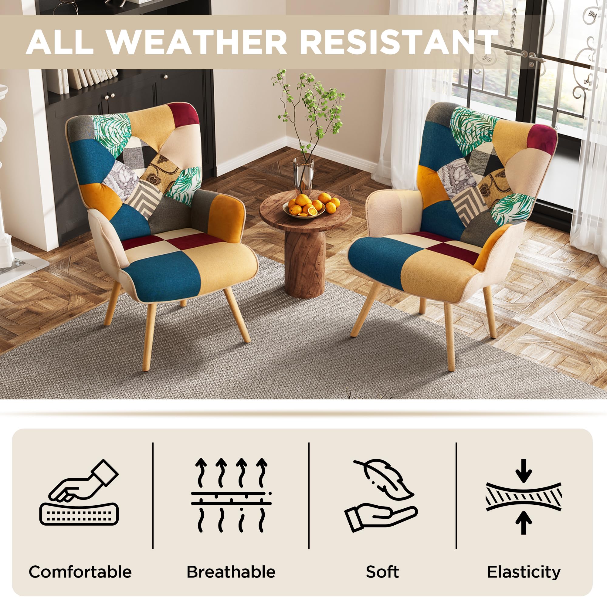 Fahomiss Accent Chair, Living Room Chair, Modern High Back Armchair, Colorful Patchwork Reading Chairs for Bedroom, Lounge Chair with Linen Fabric Shell and Solid Wood Feets (1, Colorful)