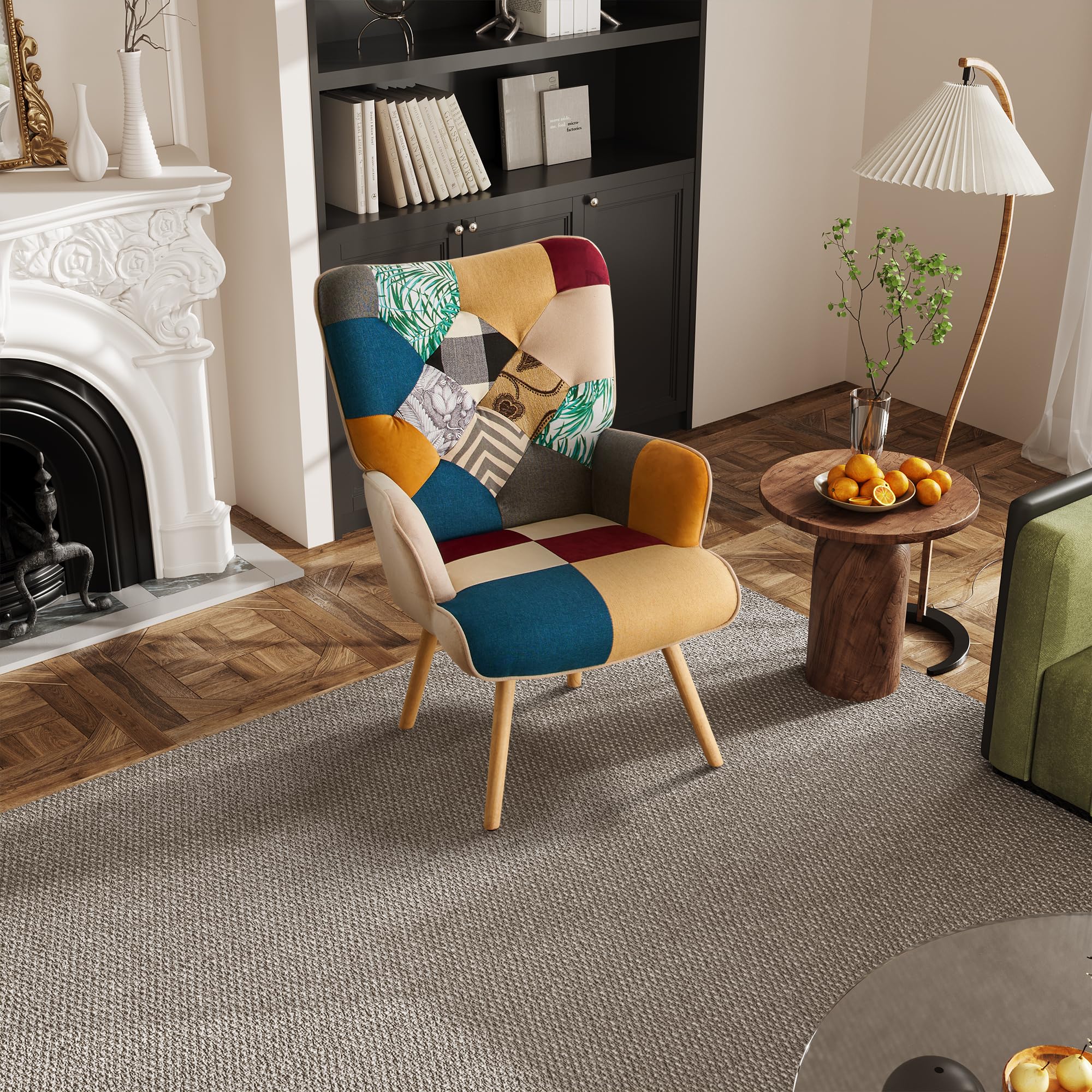 Fahomiss Accent Chair, Living Room Chair, Modern High Back Armchair, Colorful Patchwork Reading Chairs for Bedroom, Lounge Chair with Linen Fabric Shell and Solid Wood Feets (1, Colorful)