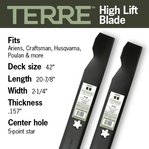 Terre Products, 2 Pack High Lift Lawn Mower Blades, 42 Inch Deck, Compatible with Craftsman LT1000, LT2000, Ariens, Husqvarna, Poulan, Snapper, Sears, Replacement for 138971, 134149, 138498, 532138971