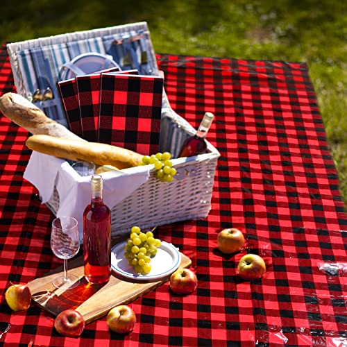 12 Pieces Plastic Checked Picnic Tablecloth Rectangle Disposable Gingham Table Cloth Waterproof Camping Table Covers for Barbecue Holiday Birthday Parties, 54 x 108 Inch, Red Checkered