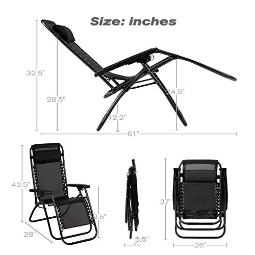 HCB Zero Gravity Chair Patio Folding Lawn Lounge Chairs Outdoor Lounge Gravity Chair Camp Reclining Lounge Chair with Pillows for Vacation (Black)