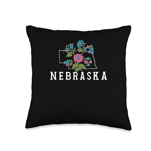 Nebraska Map Flowers American USA State Gift Map Flowers | American USA State | Nebraska Throw Pillow, 16x16, Multicolor