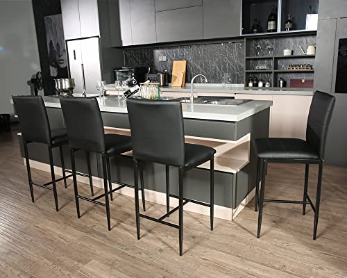Modern Leather Bar Stools Set of 4 - Counter Height Industrial Bar Stools for Kitchen Island - High Dining Room Chairs with Soft Back Patio Furniture Chairs for Home Garden Pub Bar Backyard (Black)