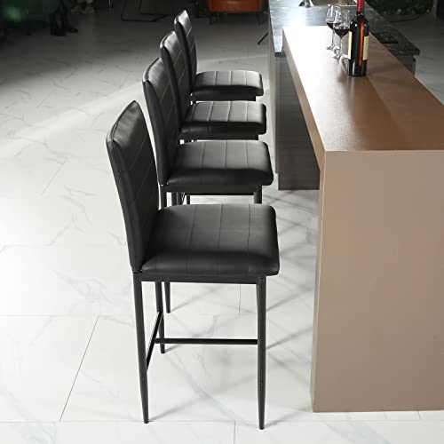 Modern Leather Bar Stools Set of 4 - Counter Height Industrial Bar Stools for Kitchen Island - High Dining Room Chairs with Soft Back Patio Furniture Chairs for Home Garden Pub Bar Backyard (Black)