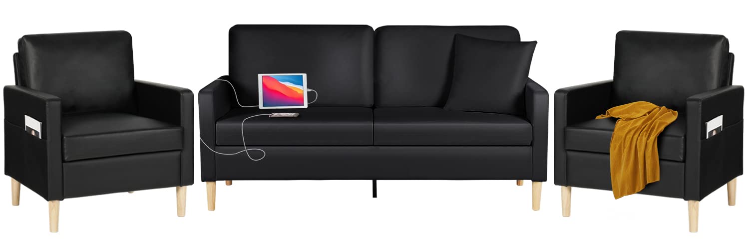 TYBOATLE Modern PU Leather Living Room Furniture 3 Pieces Sectional Sofa Couches Sets, Loveseat w/ 2 USB Charging Ports and Comfy Accent Arm Chairs for Small Space, Apartment, Office, Studio (Black)