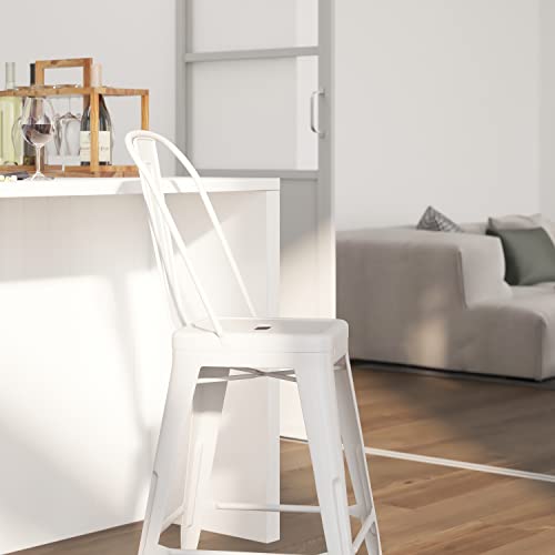 Merrick Lane Dothan Series White 24" High Metal Counter Height Stool with Removable Back for Indoor-Outdoor Use