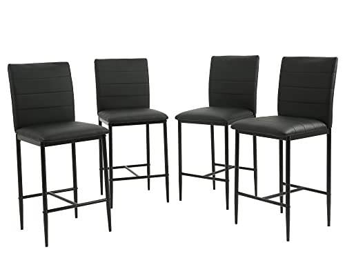 Modern Leather Bar Stools Set of 4 - Counter Height Industrial Bar Stools for Kitchen Island - High Dining Room Chairs with Soft Back Patio Furniture Chairs for Home Garden Pub Bar Backyard (Black)