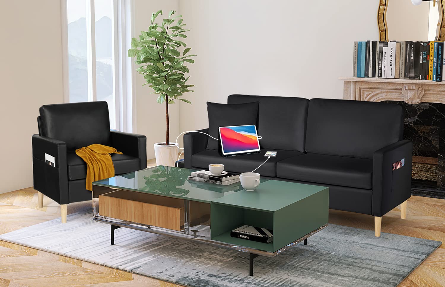 TYBOATLE Modern PU Leather Living Room Furniture 3 Pieces Sectional Sofa Couches Sets, Loveseat w/ 2 USB Charging Ports and Comfy Accent Arm Chairs for Small Space, Apartment, Office, Studio (Black)