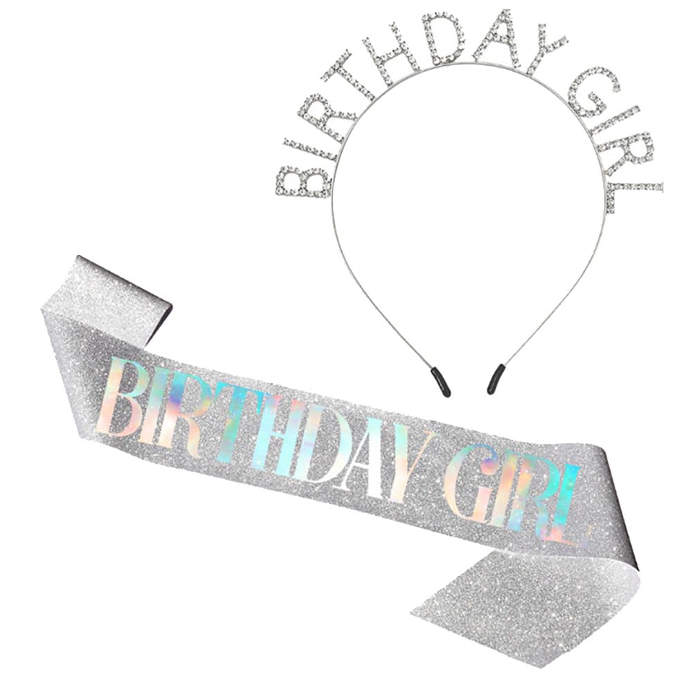 ccHuDE Birthday Girl Tiara and Sash Kit Rhinestone Birthday Crown Birthday Queen Glitter Sash Birthday Girl Headband Birthday Tiara for Women Girls Silver