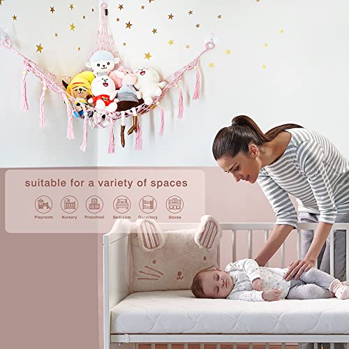 Stuffed Animal Toy Hammock Corner Hammock Organizer Display Rack Bohemian Net Bag For Hanging Toys Hanging Stuffed Animal Organizer Corner Toy Storage Rack Stuffed Animal Net Tassel 44 In (Pink)