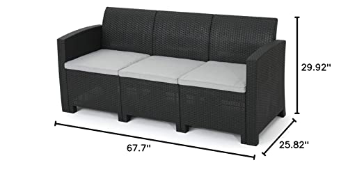 Christopher Knight Home St. Lucia Outdoor 3-Seater Faux Wicker Rattan Style Sofa with Water Resistant Cushions, Charcoal / Light Grey