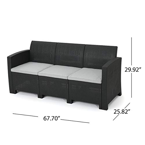 Christopher Knight Home St. Lucia Outdoor 3-Seater Faux Wicker Rattan Style Sofa with Water Resistant Cushions, Charcoal / Light Grey