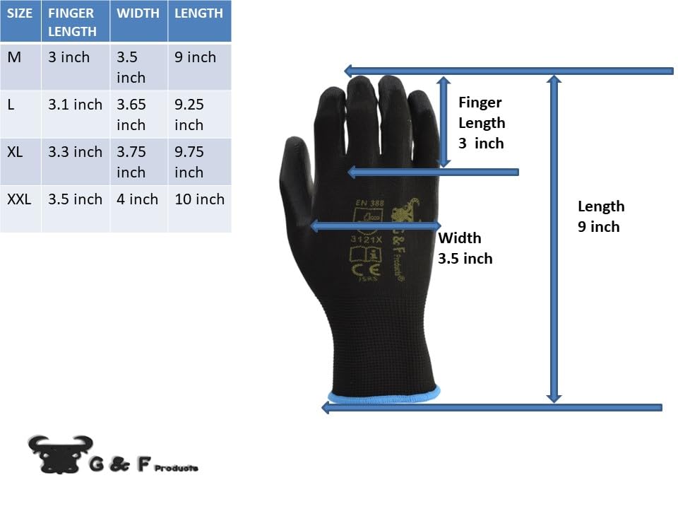 G & F Work Gloves for Men, Lightweight Grip, Polyurethane Coated, Touchscreen Compatible, Flexible & Breathable, Durable Construction, Ideal for Gardening, Mechanics, and General Duty Tasks, 12 Pairs