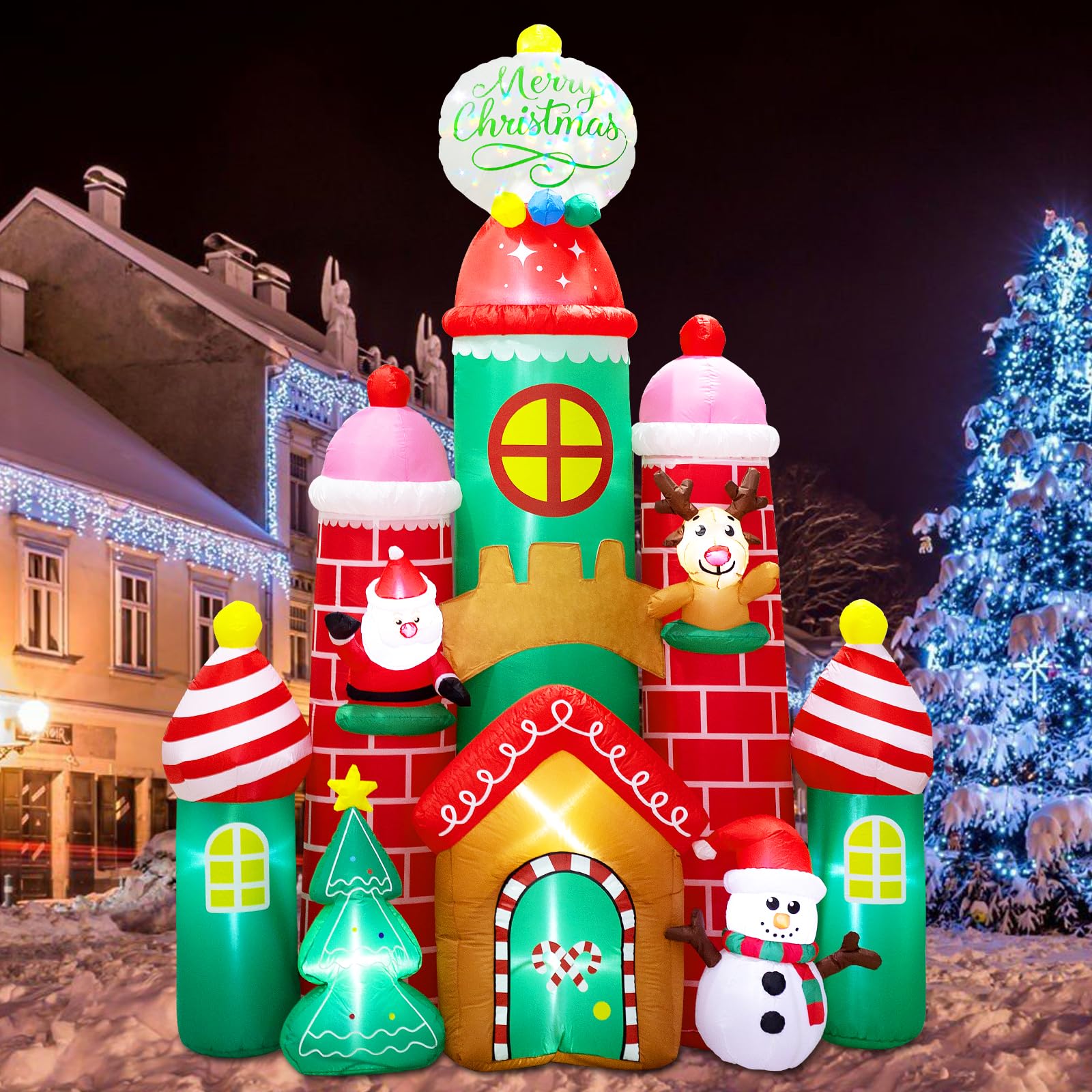 JUZISHU 11FT Height Giant Christmas Inflatables Decorations Candy Castle Santa Santa Reindeer Snowman Blow Ups Yard Decoration Rotating LED Lights Décor Holidayxmas Eve Party Indoor Outdoor Garden