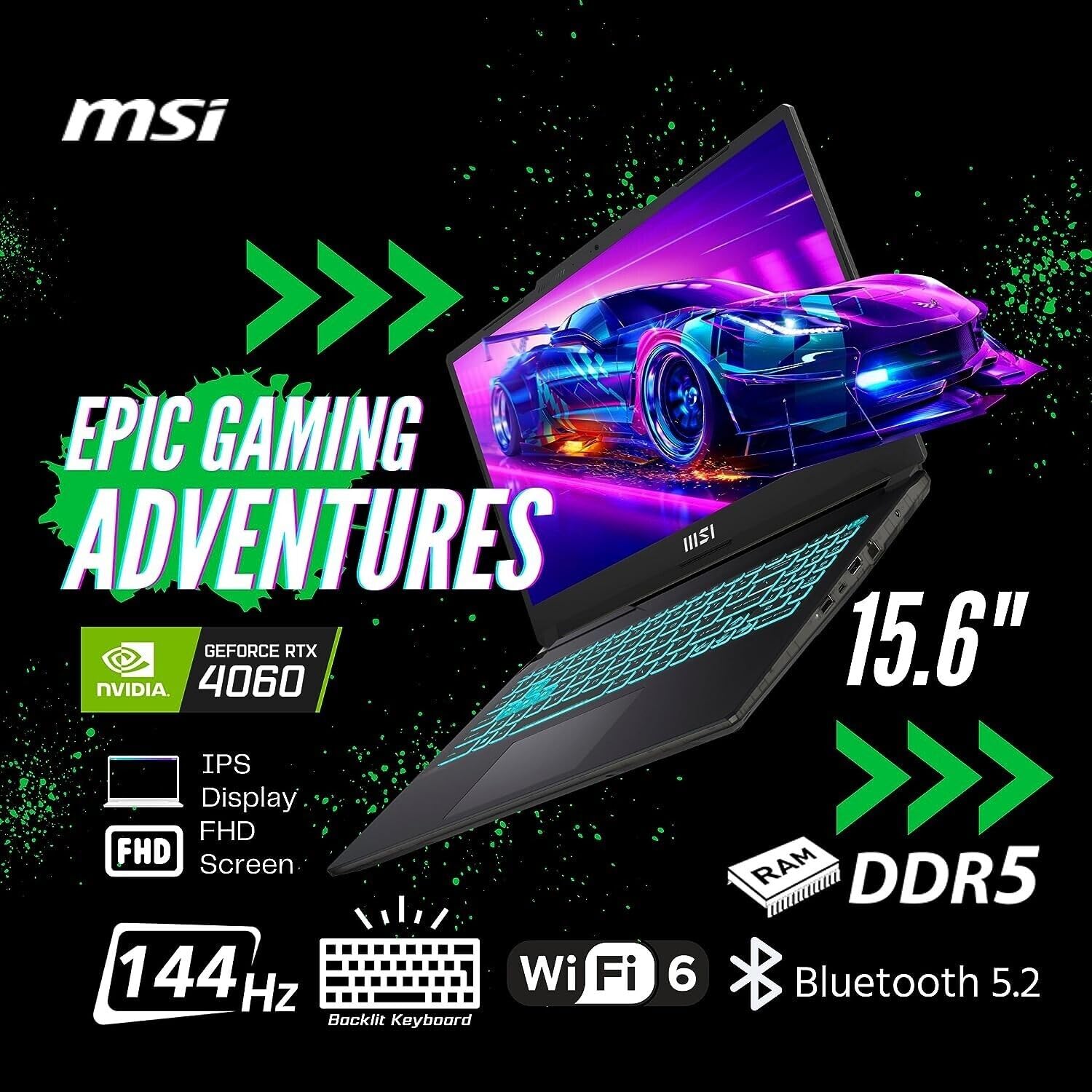 MSI Cyborg 15 Gaming Laptop, 15.6" FHD 144Hz Display, Intel Core i7-12650H, NVIDIA GeForce RTX 4060, 64GB DDR5 RAM, 2TB SSD, Webcam, Backlit Keyboard, Wi-Fi 6, Windows 11 Home, Translucent Black