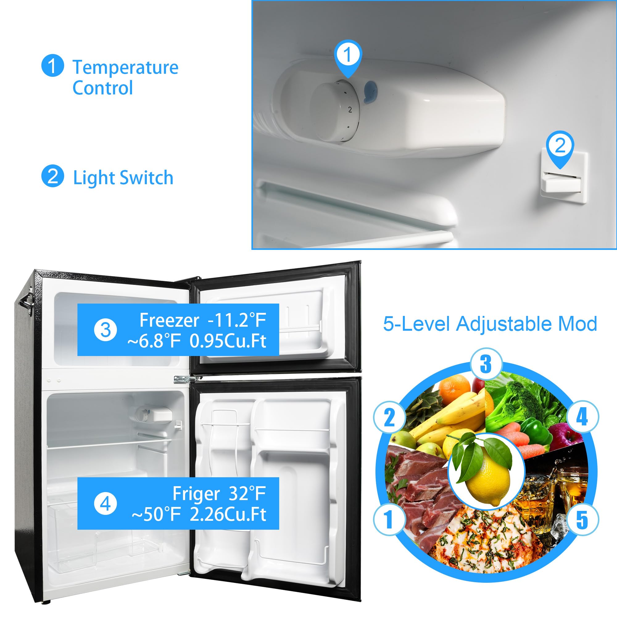 Clarfey Mini Refrigerator with Freezer, 2 Door 3.2 Cu.Ft Black Small Fridge, Compact Refrigerator with Adjustable Removable Glass Shelves, Thermostat Control for Apartment/Office/Dorm