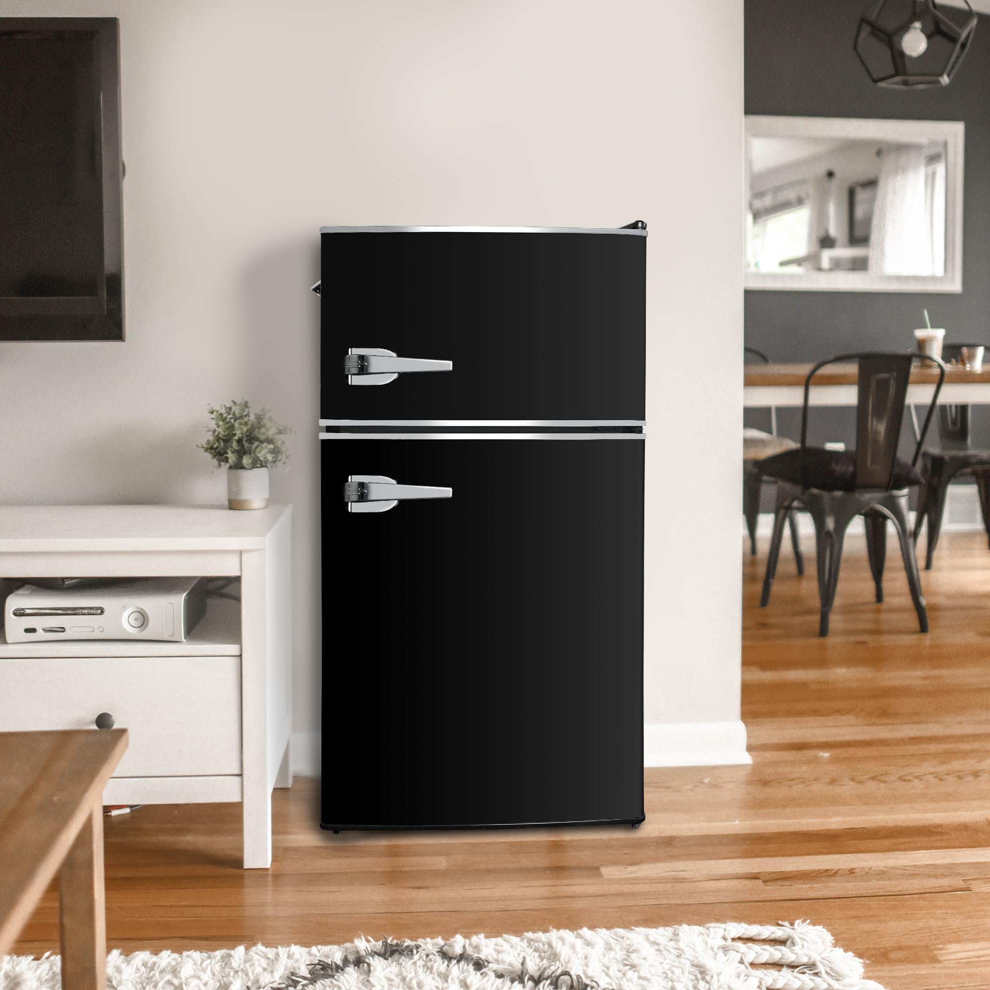 Clarfey Mini Refrigerator with Freezer, 2 Door 3.2 Cu.Ft Black Small Fridge, Compact Refrigerator with Adjustable Removable Glass Shelves, Thermostat Control for Apartment/Office/Dorm