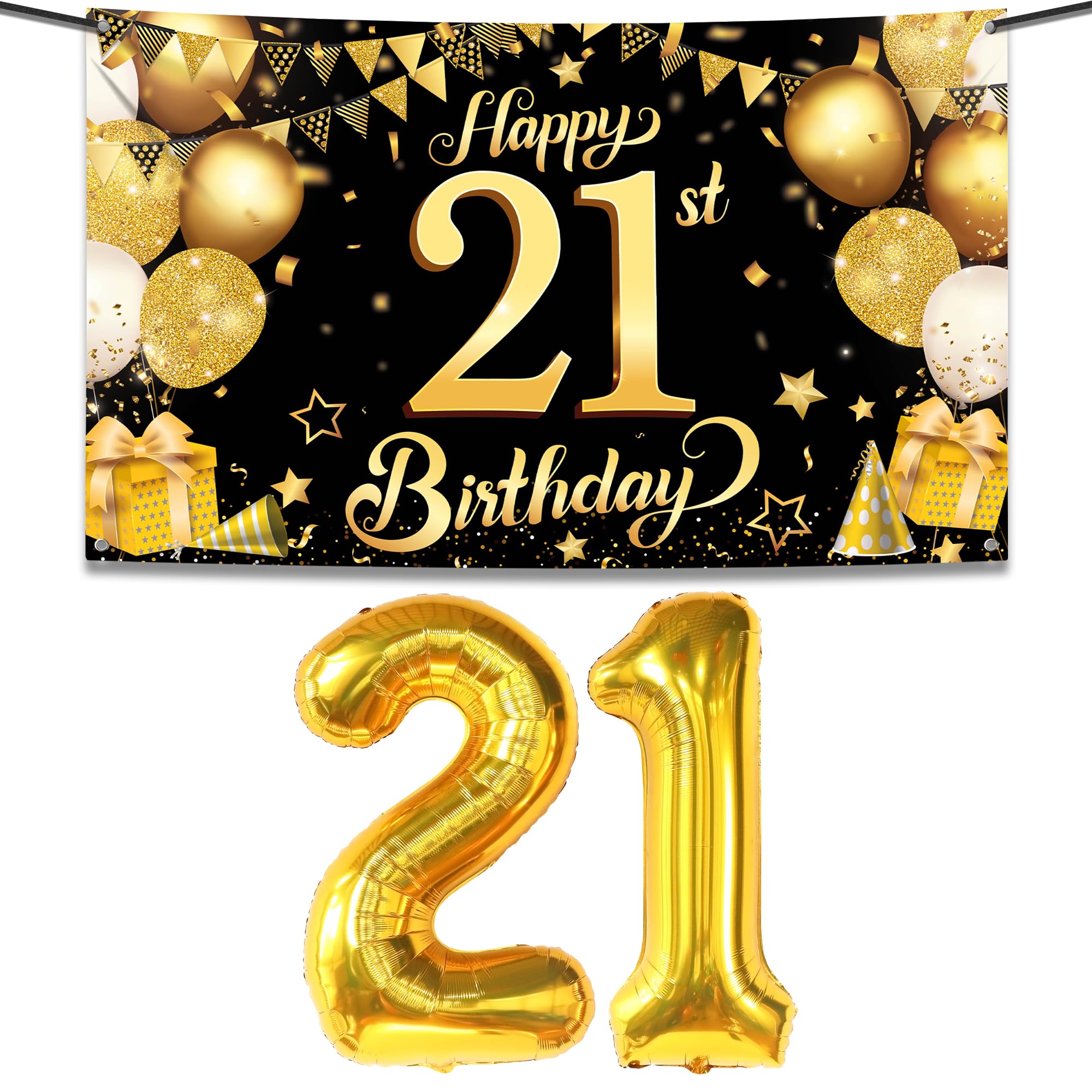 KatchOn, Giant Gold Number 21 Balloon - Pack of 3 | Gold 21 Birthday Balloon, 21st Birthday Backdrop | Happy 21st Birthday Banner Black and Gold for Happy 21st Birthday Decorations for Him