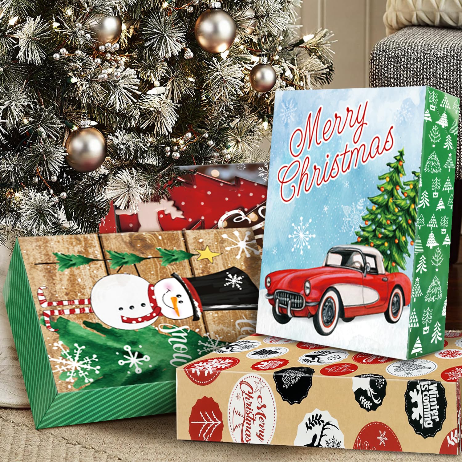 12 Extra Large Christmas Gift Wrap Boxes Bulk with Lids, 12 Tissue paper and 80 Foil Christmas gift Stickers for Wrapping Oversized Clothes (Robes, Sweater, Coat, Shirts) and Xmas Holiday Present