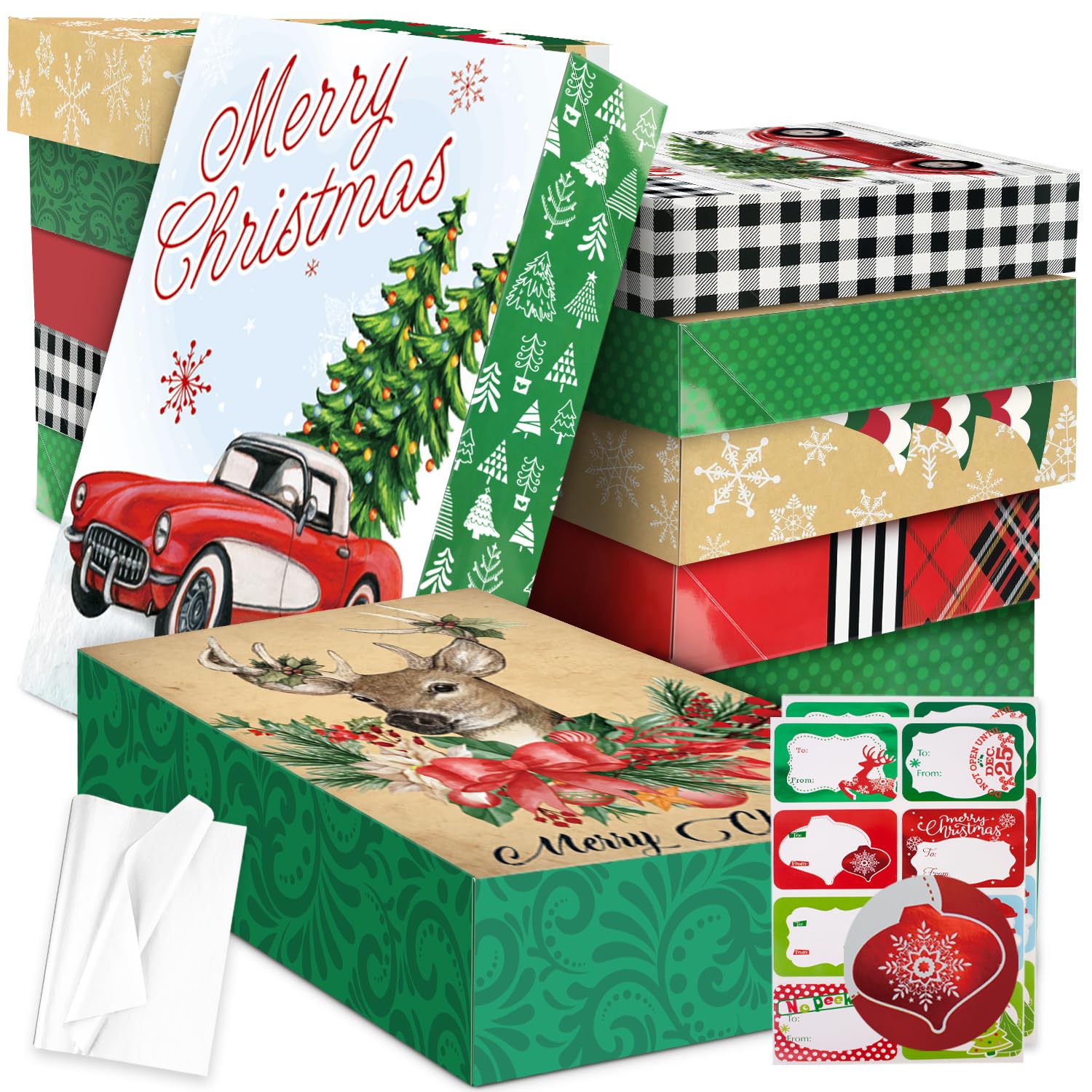 12 Extra Large Christmas Gift Wrap Boxes Bulk with Lids, 12 Tissue paper and 80 Foil Christmas gift Stickers for Wrapping Oversized Clothes (Robes, Sweater, Coat, Shirts) and Xmas Holiday Present
