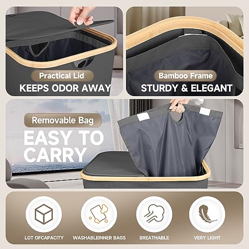 Zomhusea Double Laundry Basket with Lid - 140L Divided Laundry Hamper 2 Section with Removable Bags,Foldable Dirty Clothes Basket with Bamboo Handles - Bathroom,Dorm,College Large Hampers for Laundry