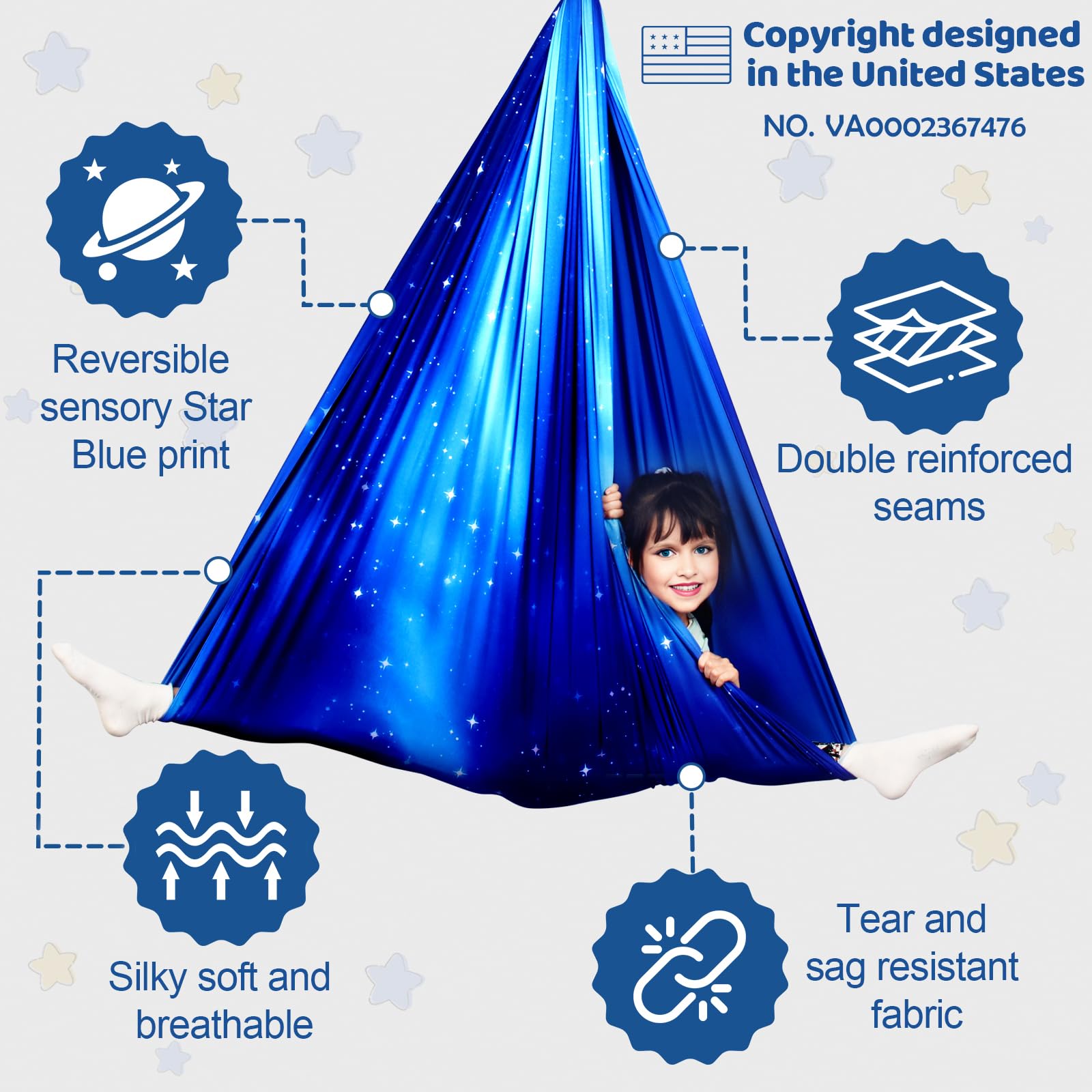 HiCamer Double Layer Sensory Swing for Kids & Adults Holds up to 300lbs Indoor and Outdoor Therapy Cuddle Swing with 360° Swivel Hanger Kit Adjustable Swing with Aspergers Autism ADHD (Star Blue)