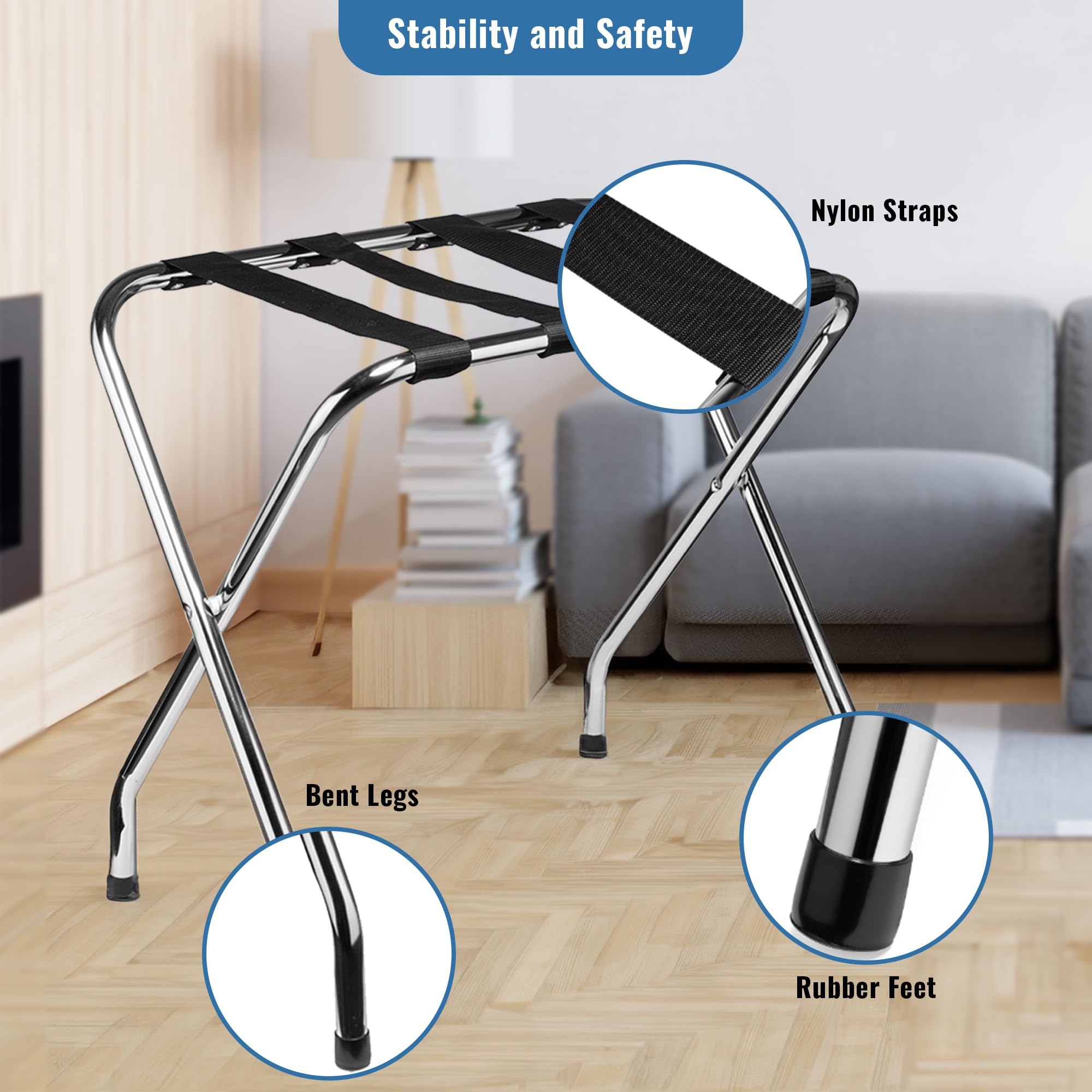USTECH Luggage Rack-Single Tier, Pack of 1, Chrome, Fully Asssembled, Foldable Rack for Guest Room