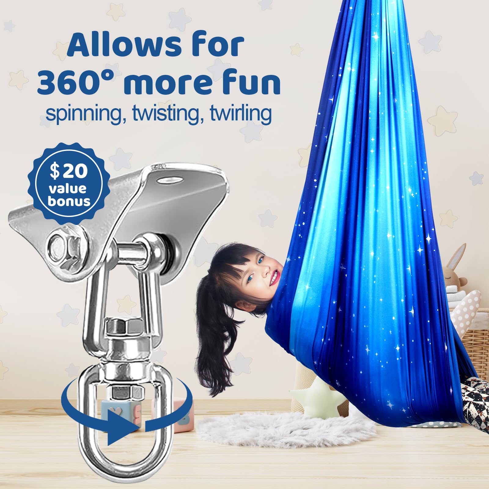HiCamer Double Layer Sensory Swing for Kids & Adults Holds up to 300lbs Indoor and Outdoor Therapy Cuddle Swing with 360° Swivel Hanger Kit Adjustable Swing with Aspergers Autism ADHD (Star Blue)