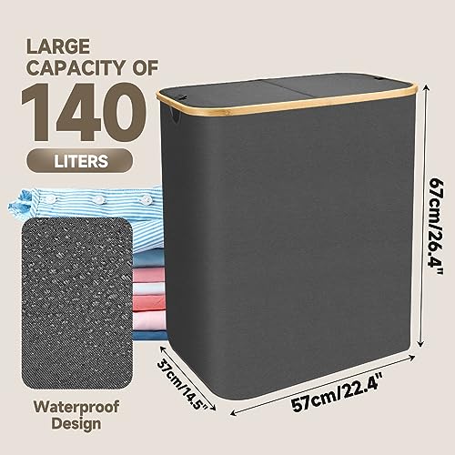 Zomhusea Double Laundry Basket with Lid - 140L Divided Laundry Hamper 2 Section with Removable Bags,Foldable Dirty Clothes Basket with Bamboo Handles - Bathroom,Dorm,College Large Hampers for Laundry