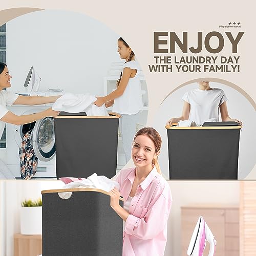Zomhusea Double Laundry Basket with Lid - 140L Divided Laundry Hamper 2 Section with Removable Bags,Foldable Dirty Clothes Basket with Bamboo Handles - Bathroom,Dorm,College Large Hampers for Laundry