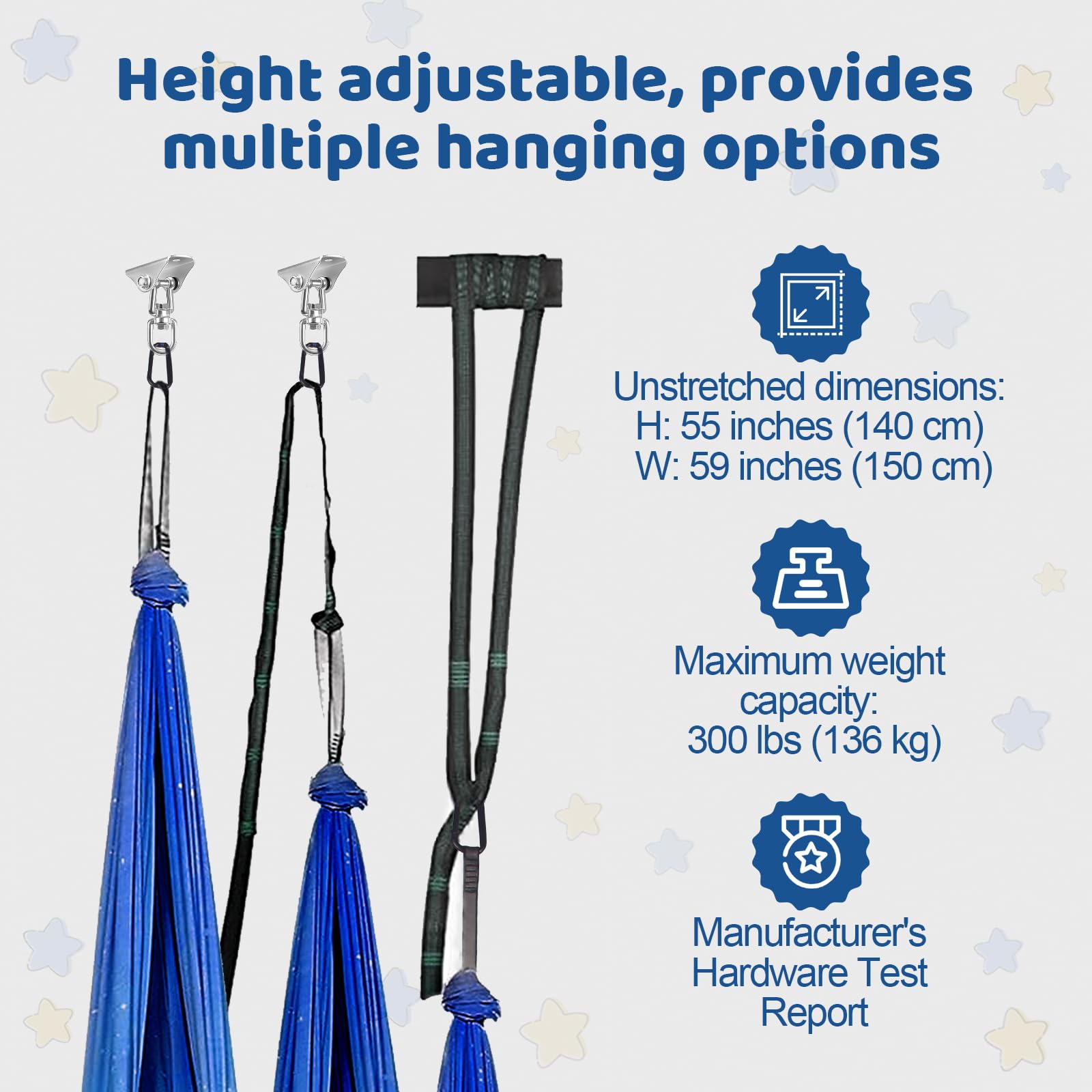 HiCamer Double Layer Sensory Swing for Kids & Adults Holds up to 300lbs Indoor and Outdoor Therapy Cuddle Swing with 360° Swivel Hanger Kit Adjustable Swing with Aspergers Autism ADHD (Star Blue)