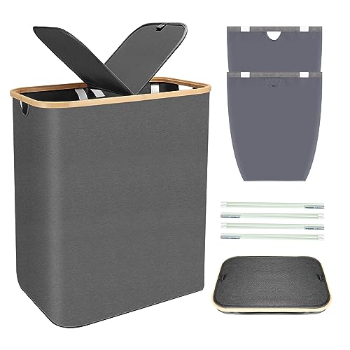 Zomhusea Double Laundry Basket with Lid - 140L Divided Laundry Hamper 2 Section with Removable Bags,Foldable Dirty Clothes Basket with Bamboo Handles - Bathroom,Dorm,College Large Hampers for Laundry