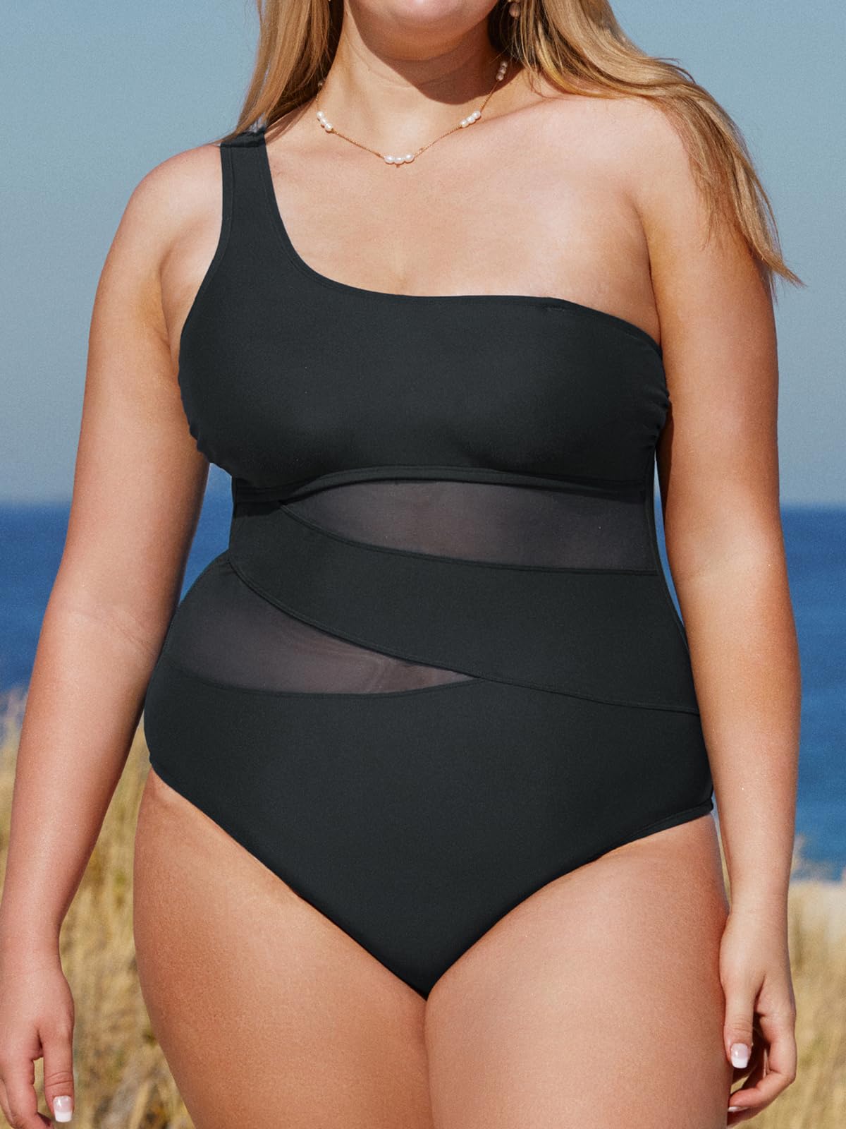 CUPSHE Women's Plus Size Swimsuit One Piece Bathing Suit Mesh Removable Straps Swimwear 1X Black