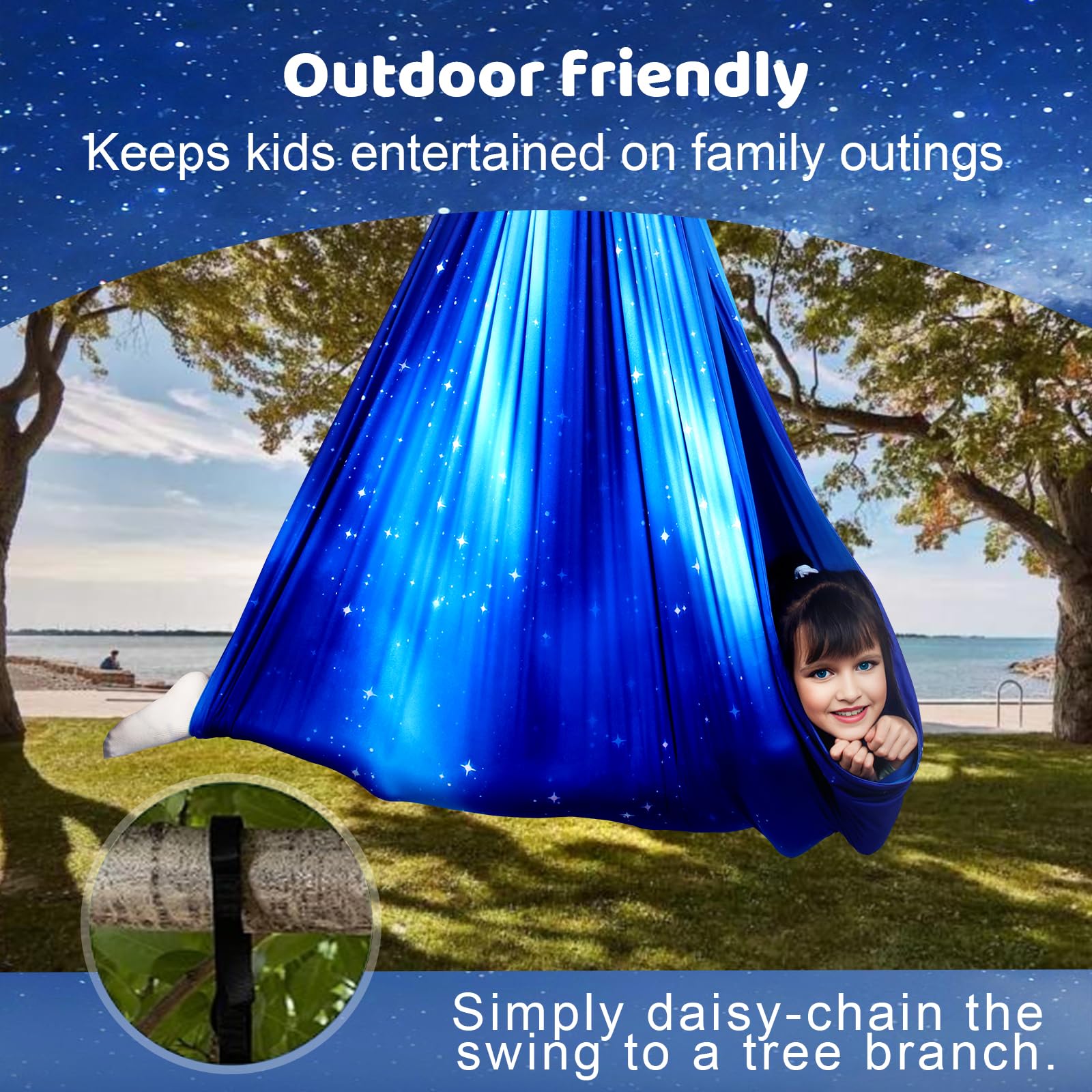 HiCamer Double Layer Sensory Swing for Kids & Adults Holds up to 300lbs Indoor and Outdoor Therapy Cuddle Swing with 360° Swivel Hanger Kit Adjustable Swing with Aspergers Autism ADHD (Star Blue)