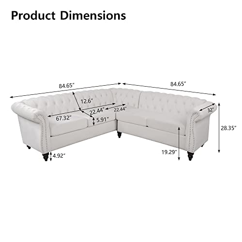 RARZOE Chesterfield L Shaped Sectional Sofa Couch, Deep Button Tufted Velvet Upholstered Rolled Arm Classic Chesterfield Settee Sofa, Modern 5 Seater Couch Furniture for Living Room, White