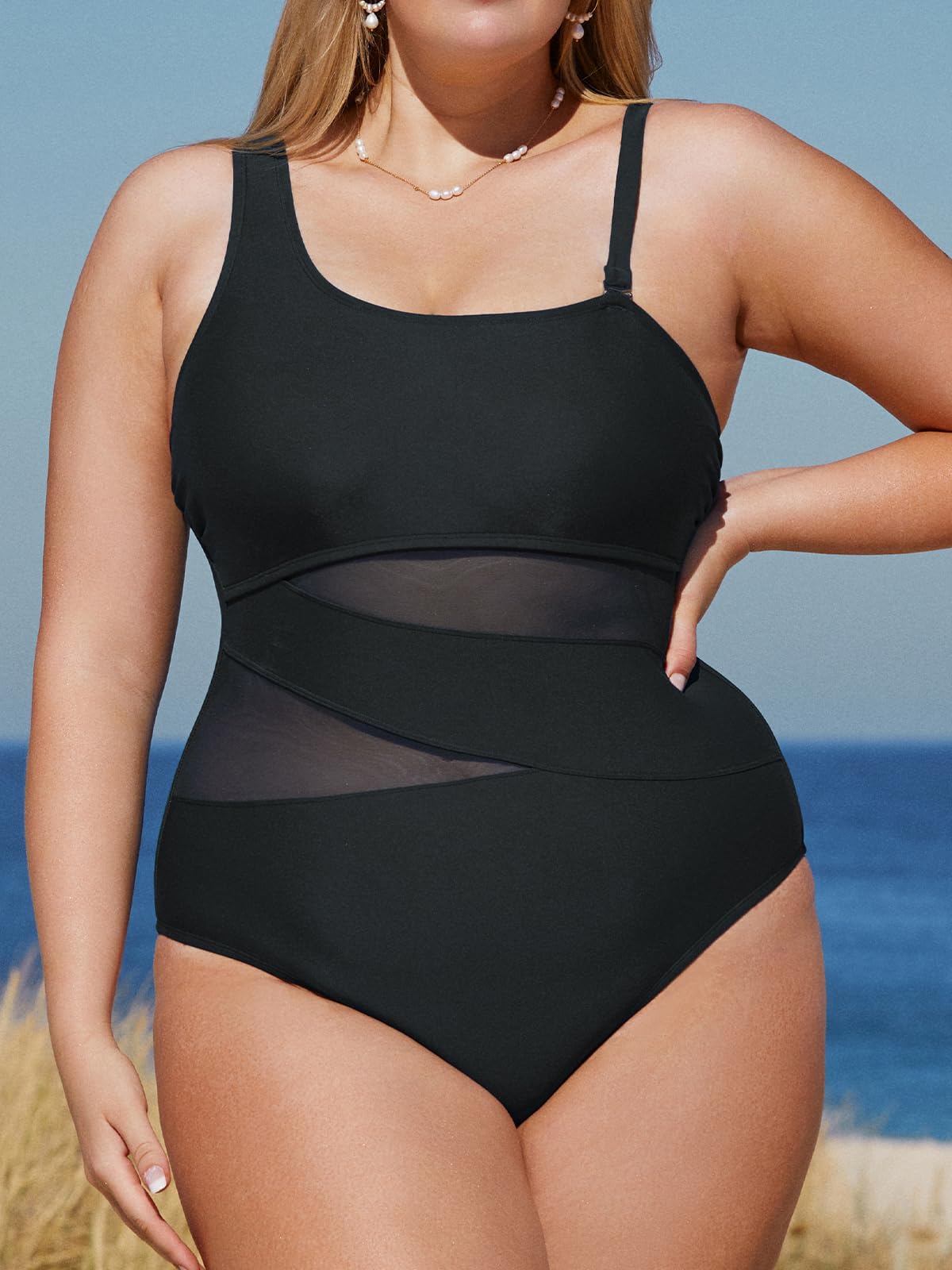 CUPSHE Women's Plus Size Swimsuit One Piece Bathing Suit Mesh Removable Straps Swimwear 1X Black