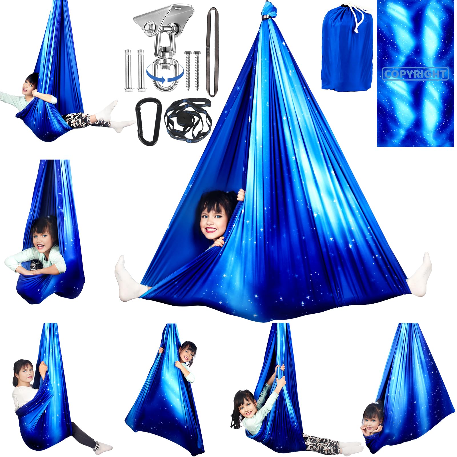 HiCamer Double Layer Sensory Swing for Kids & Adults Holds up to 300lbs Indoor and Outdoor Therapy Cuddle Swing with 360° Swivel Hanger Kit Adjustable Swing with Aspergers Autism ADHD (Star Blue)