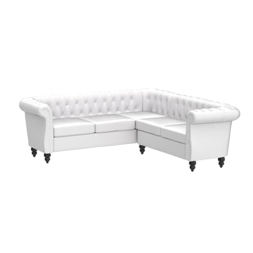 RARZOE Chesterfield L Shaped Sectional Sofa Couch, Deep Button Tufted Velvet Upholstered Rolled Arm Classic Chesterfield Settee Sofa, Modern 5 Seater Couch Furniture for Living Room, White