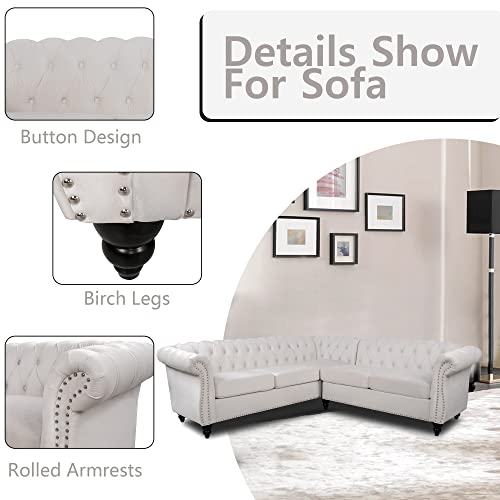 RARZOE Chesterfield L Shaped Sectional Sofa Couch, Deep Button Tufted Velvet Upholstered Rolled Arm Classic Chesterfield Settee Sofa, Modern 5 Seater Couch Furniture for Living Room, White