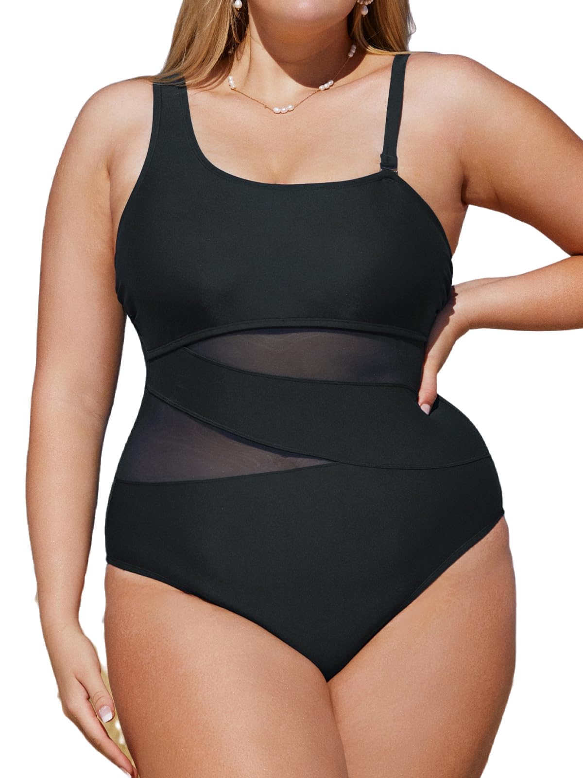 CUPSHE Women's Plus Size Swimsuit One Piece Bathing Suit Mesh Removable Straps Swimwear 1X Black