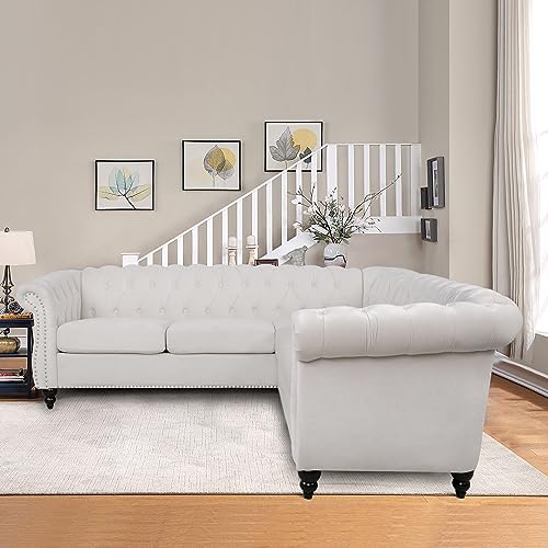 RARZOE Chesterfield L Shaped Sectional Sofa Couch, Deep Button Tufted Velvet Upholstered Rolled Arm Classic Chesterfield Settee Sofa, Modern 5 Seater Couch Furniture for Living Room, White