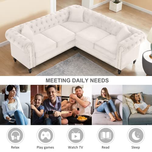 RARZOE Chesterfield L Shaped Sectional Sofa Couch, Deep Button Tufted Velvet Upholstered Rolled Arm Classic Chesterfield Settee Sofa, Modern 5 Seater Couch Furniture for Living Room, White