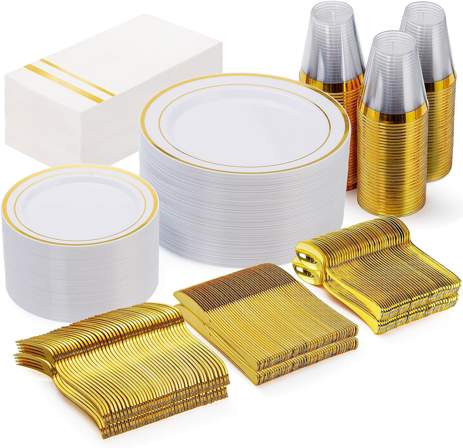 GATHER 350pcs Gold Plastic Plates - Disposable Plastic Dinnerware Set Include 50 Gold Dinner Plates, 50 Gold Salad Plates, 150 Silverware, 50 Napkins, 50 Cups Perfect for Party & Wedding