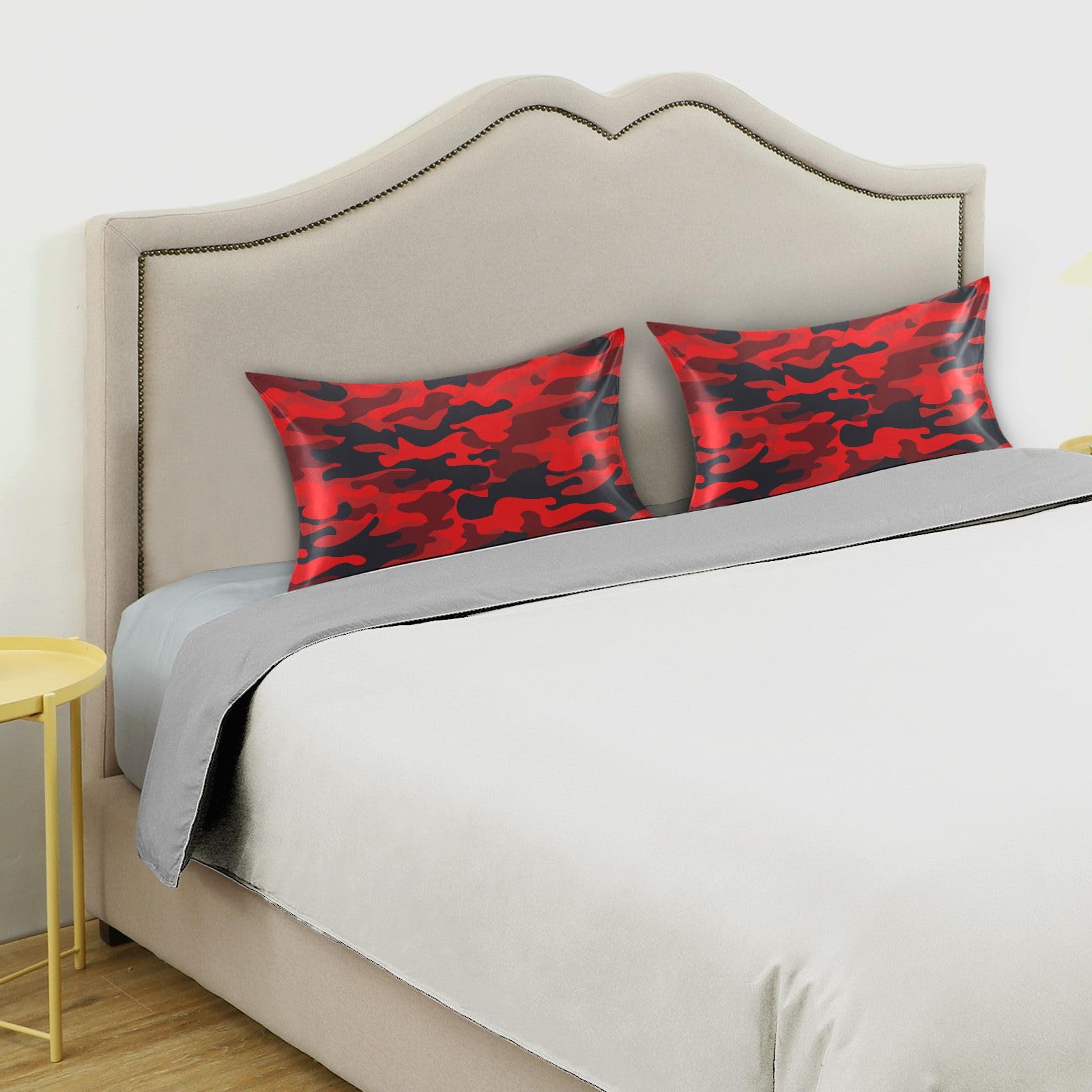Red Camo Pillow Covers Silk Pillowcase for Hair and Skin Soft and Smooth Cooling Satin Pillowcase Standard Size Pillow Case for Women Bedroom Bed Sleeping (20x30 Inch)