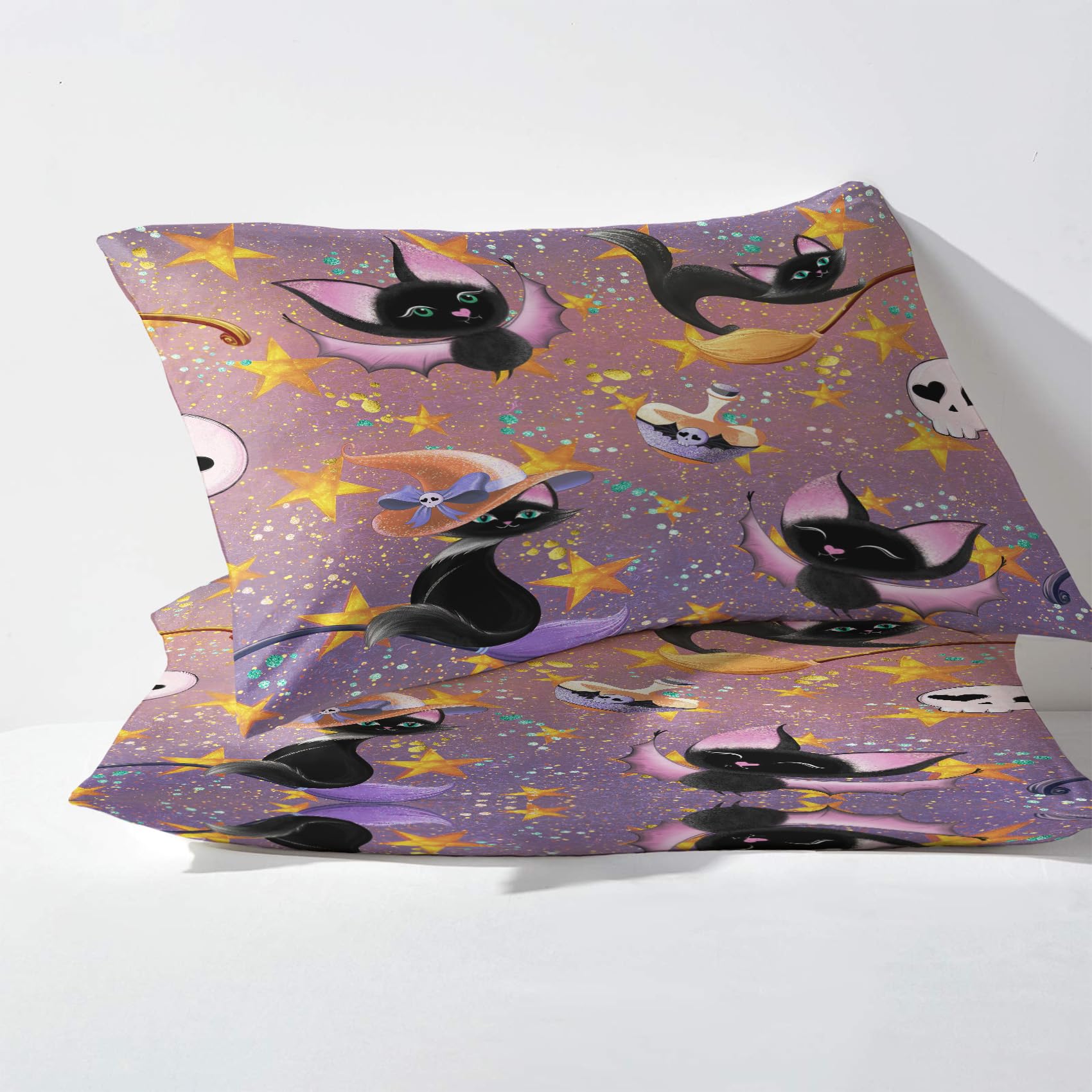 Halloween Sheets Full Size, Black Cat Bat Bed Sheets, Patterned Bedding Sheets & Pillowcases 4 Piece Set - Soft Microfiber Deep Pocket Fitted Sheet & Flat Sheet & 2 Pillow Cases L6-&-248
