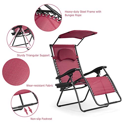 HAPPYGRILL Zero Gravity Lounge Chair Folding Patio Recliner for Outdoor Beach Patio Poolside, Wine