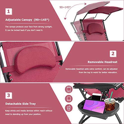 HAPPYGRILL Zero Gravity Lounge Chair Folding Patio Recliner for Outdoor Beach Patio Poolside, Wine