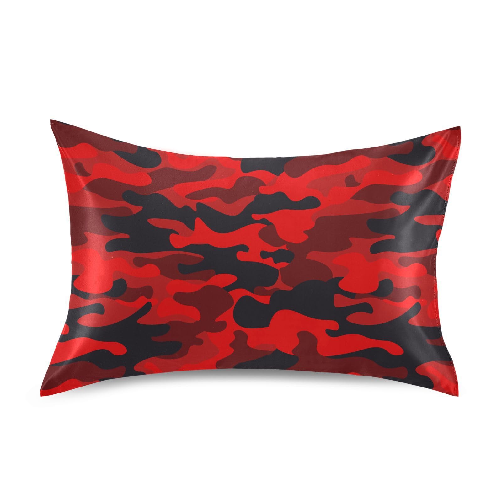 Red Camo Pillow Covers Silk Pillowcase for Hair and Skin Soft and Smooth Cooling Satin Pillowcase Standard Size Pillow Case for Women Bedroom Bed Sleeping (20x30 Inch)